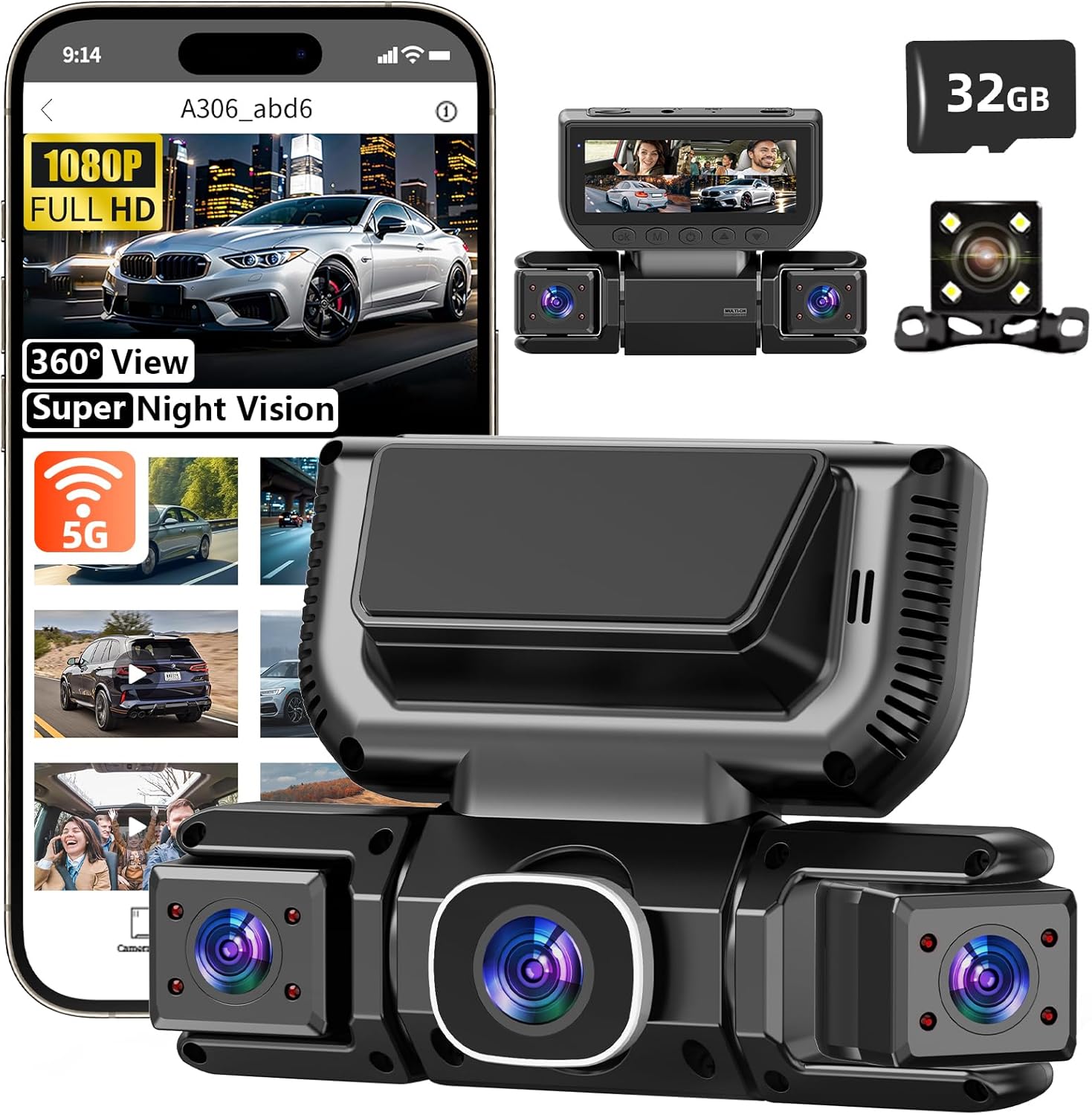 7DAY'S Uber Camera 360 View 4 Channel Dash Cam Front Rear and Inside w